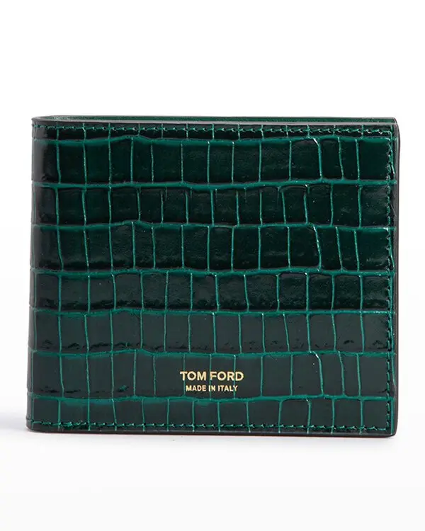 Tom Ford Croc-Printed Leather T-Line Bifold Wallet - Bottle Green